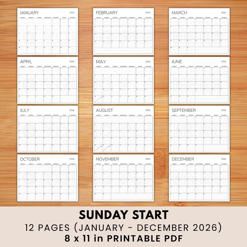 Lined Monthly 2026 Calendars | 8.5x11 | LANDSCAPE | Jan - Dec | PDF ...