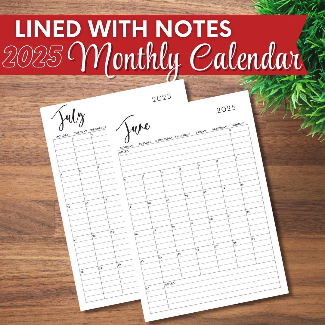 2025 Portrait Lined Monthly Calendars | PORTRAIT | A4 and 8.5x11 | Jan ...