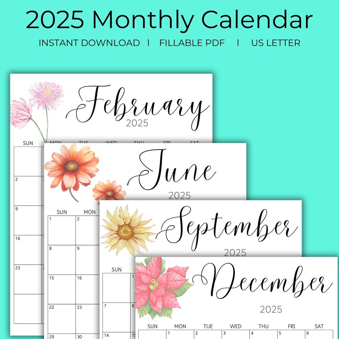 2025 Printable Monthly Calendar, Floral Planner Instant Download ...