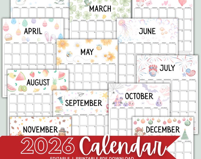 2026 Watercolor Calendar | US Letter Portrait Layout (PDF) Editable ...