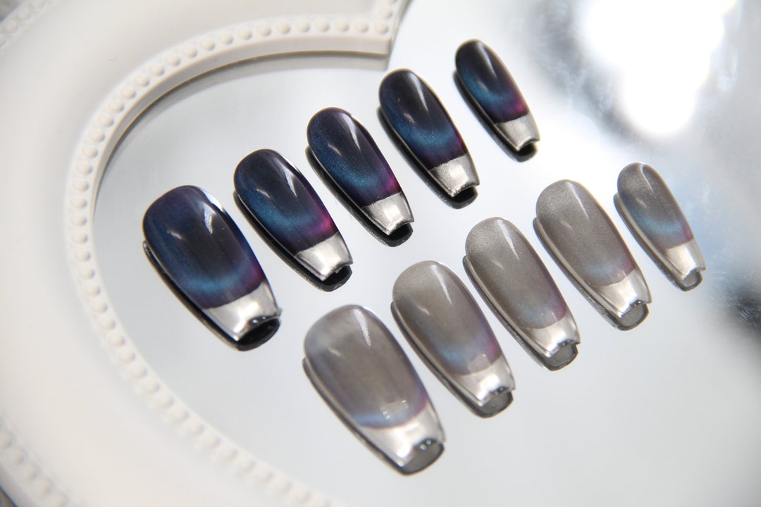 Blue Gradient Cat's Eye Acrylic Press on Nails Dly Manicure Kit ...