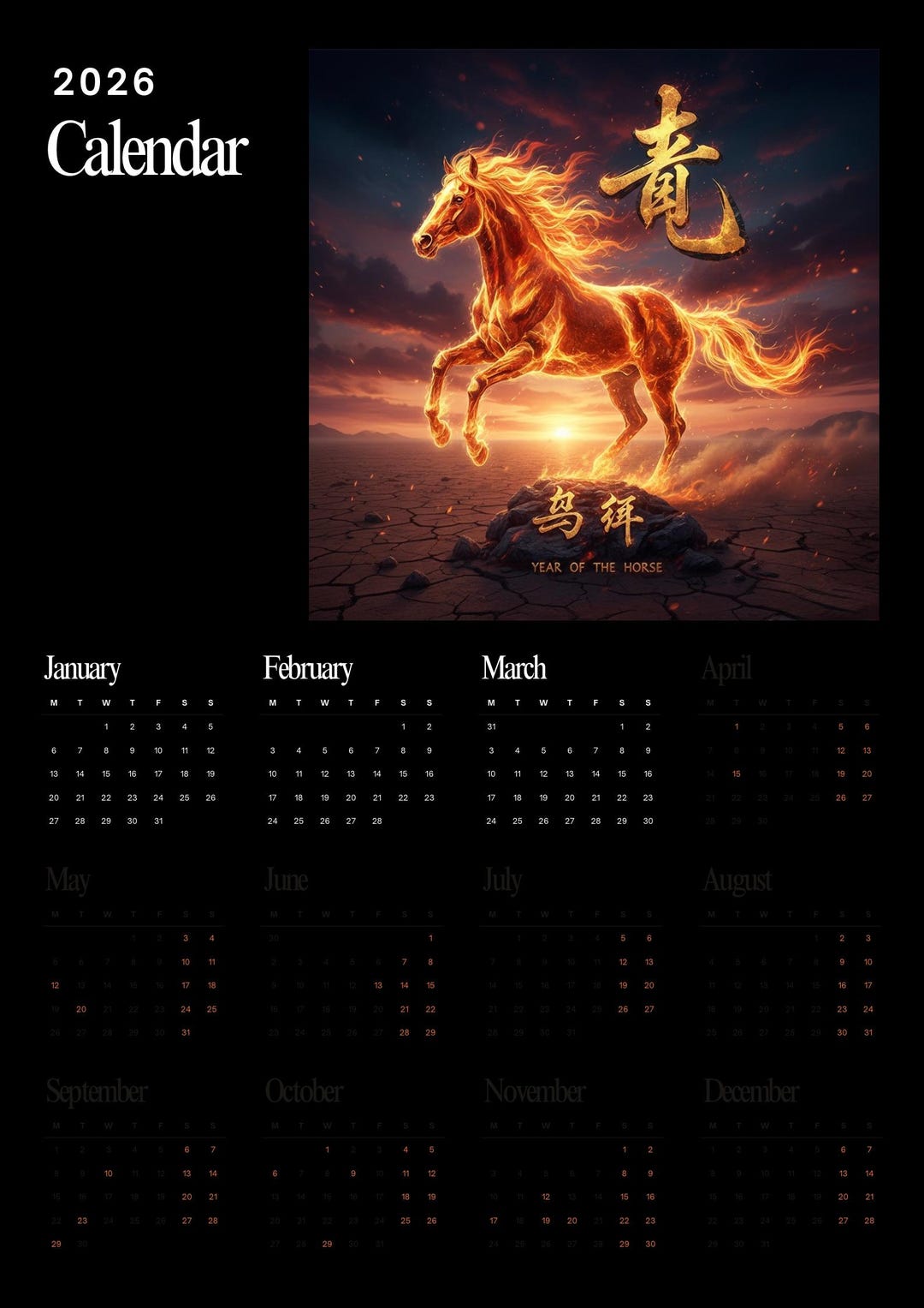 Fire Horse 2026 Year Digital Calendar - Etsy