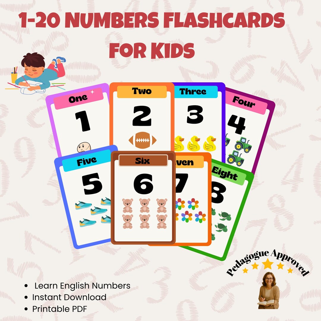 1–20 Number Flashcards for Kids, Printable Counting Cards, Preschool ...