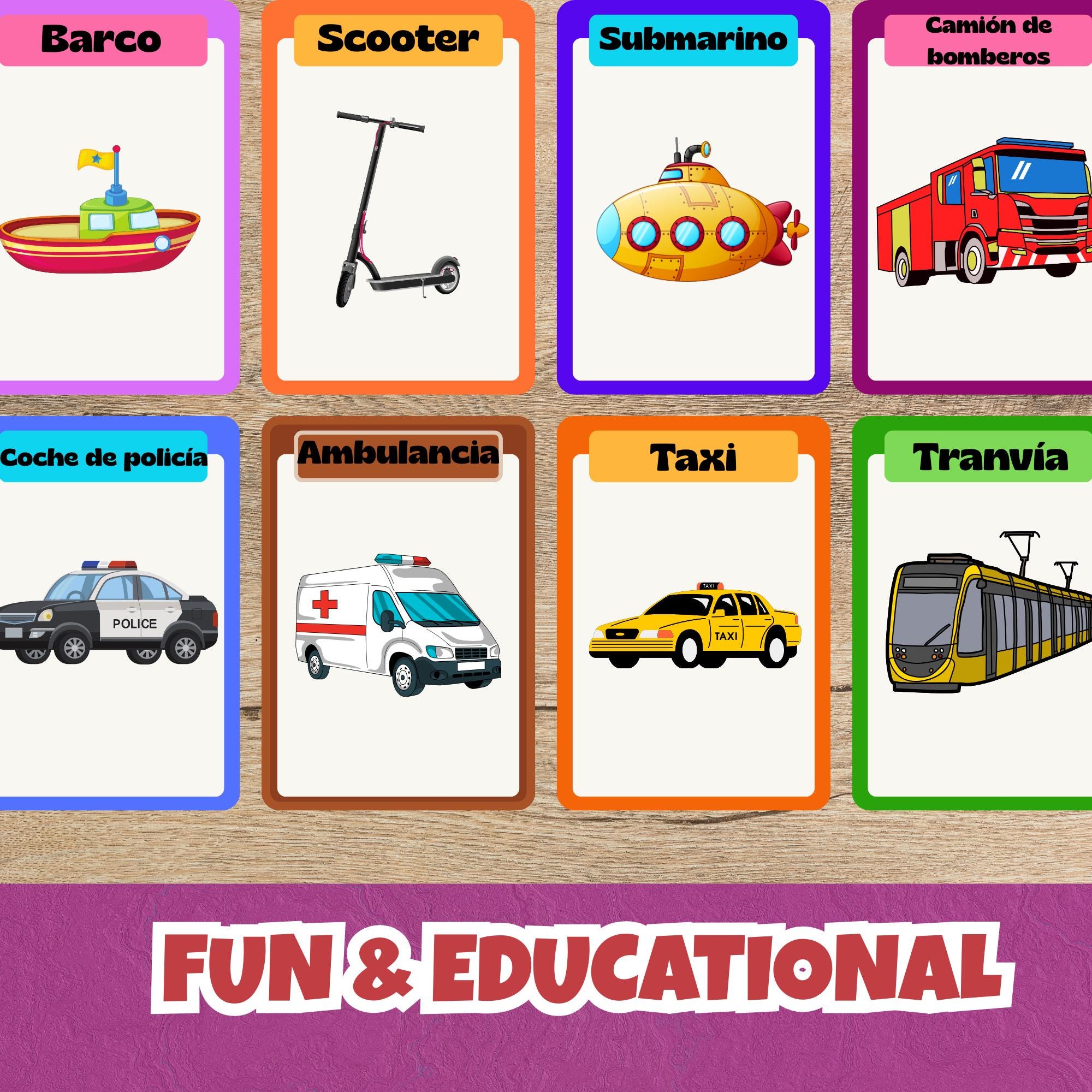 Spanish Vehicles Flashcards, Printable Transportation Cards for Kids ...