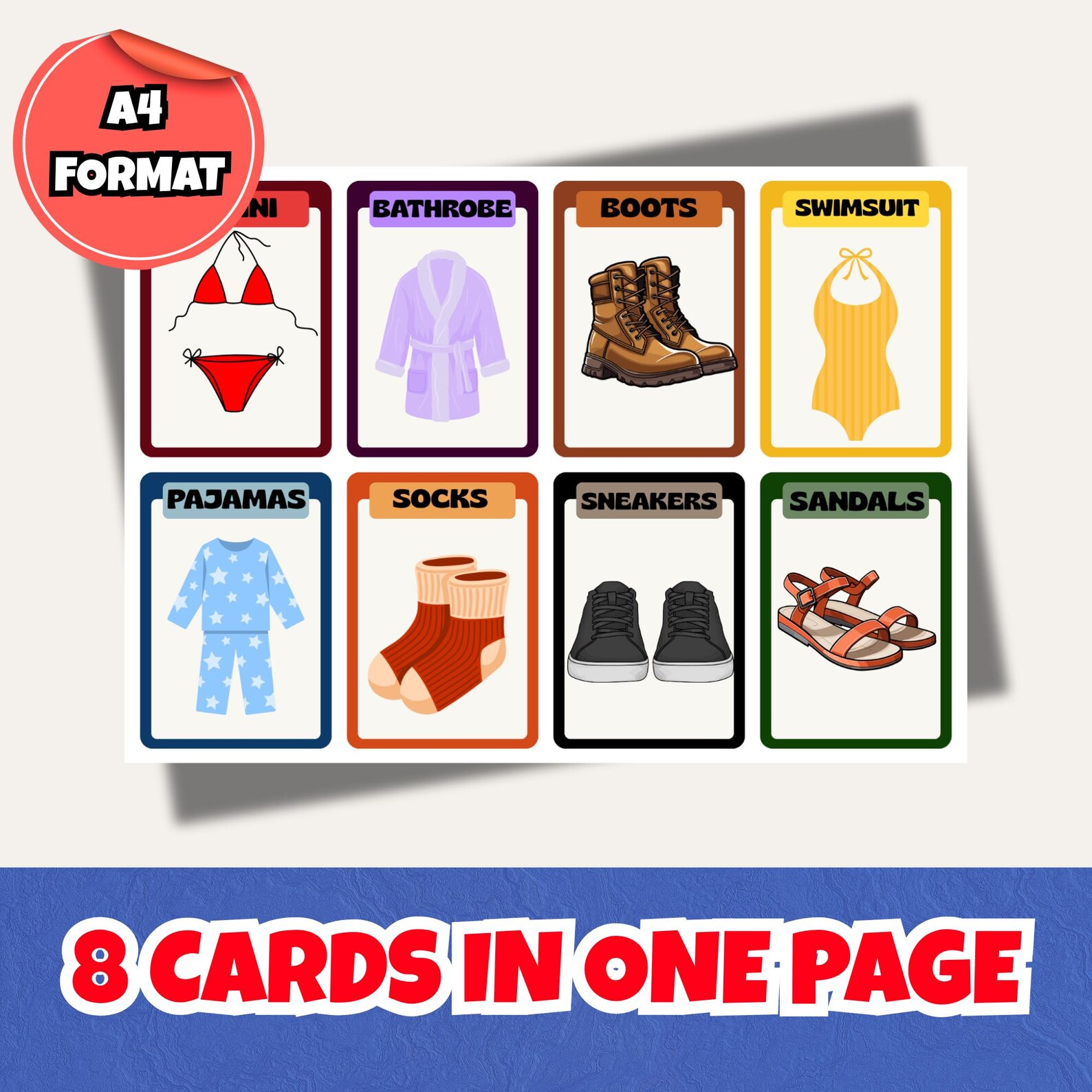 50 Clothes Flashcards for Kids, Printable Clothing Vocabulary Cards ...