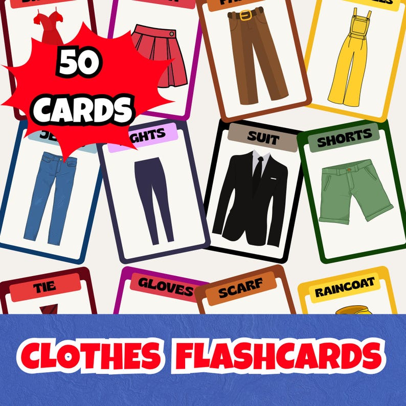 50 Clothes Flashcards for Kids, Printable Clothing Vocabulary Cards ...