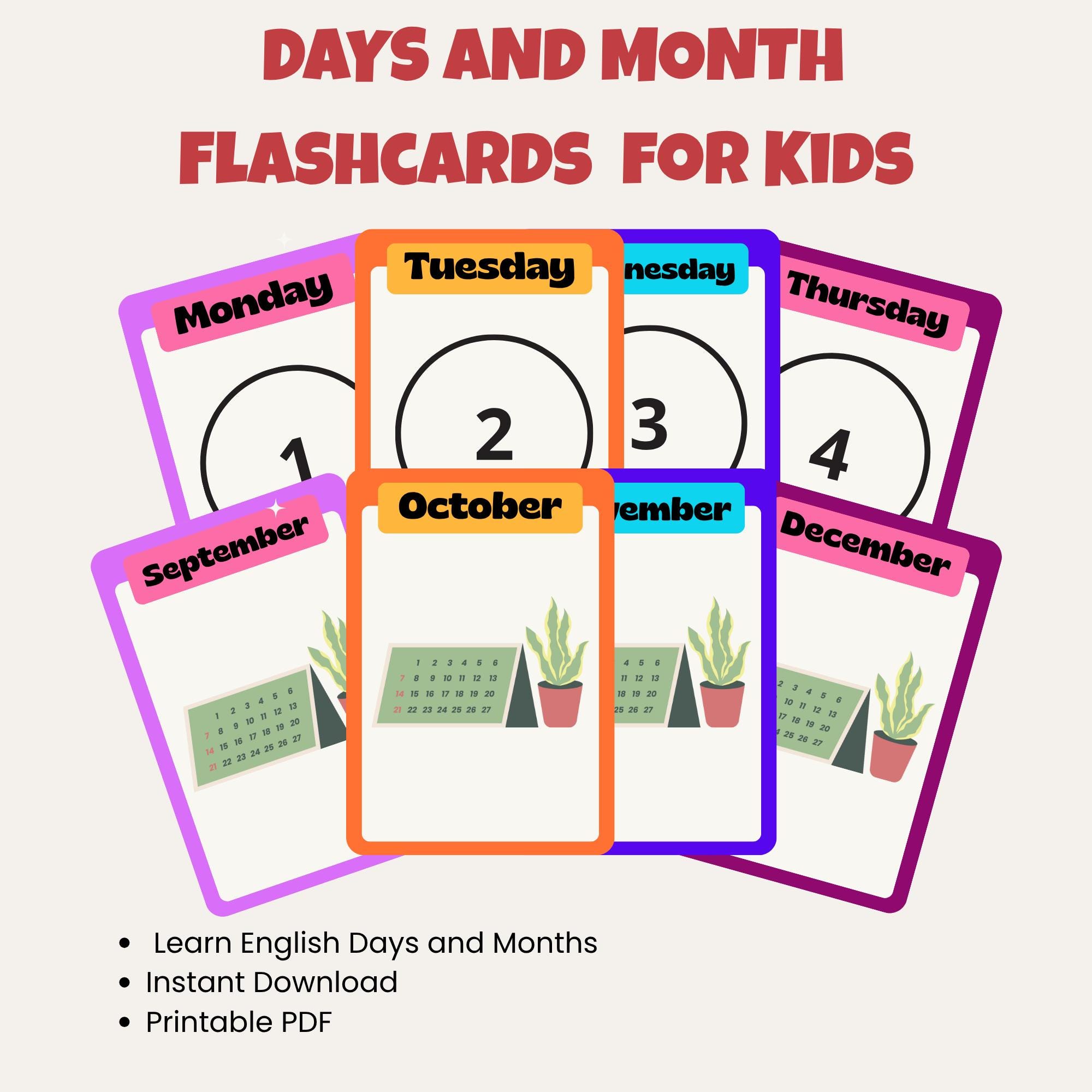 Days and Months Flashcards: ESL Learning Cards (printable PDF) - Etsy