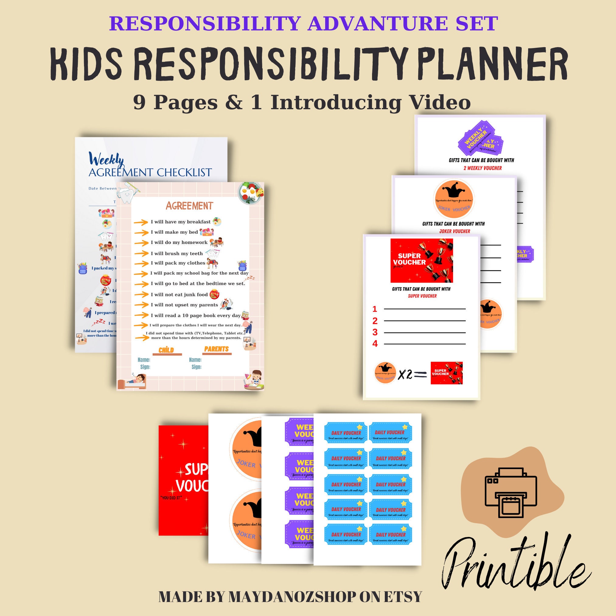 Chore Chart for Kids, Printable Chore Chart for Kids , Responsibility ...