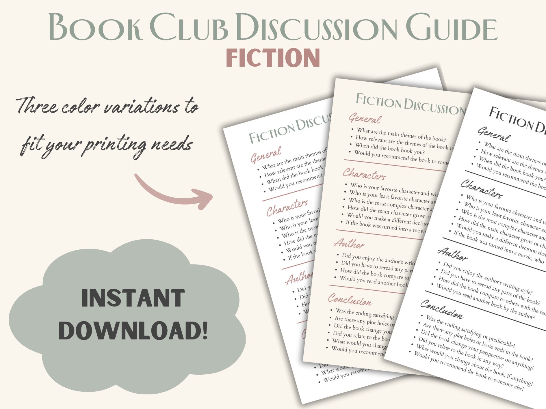 Book Club Fiction Discussion Guide Book Club Questions Etsy