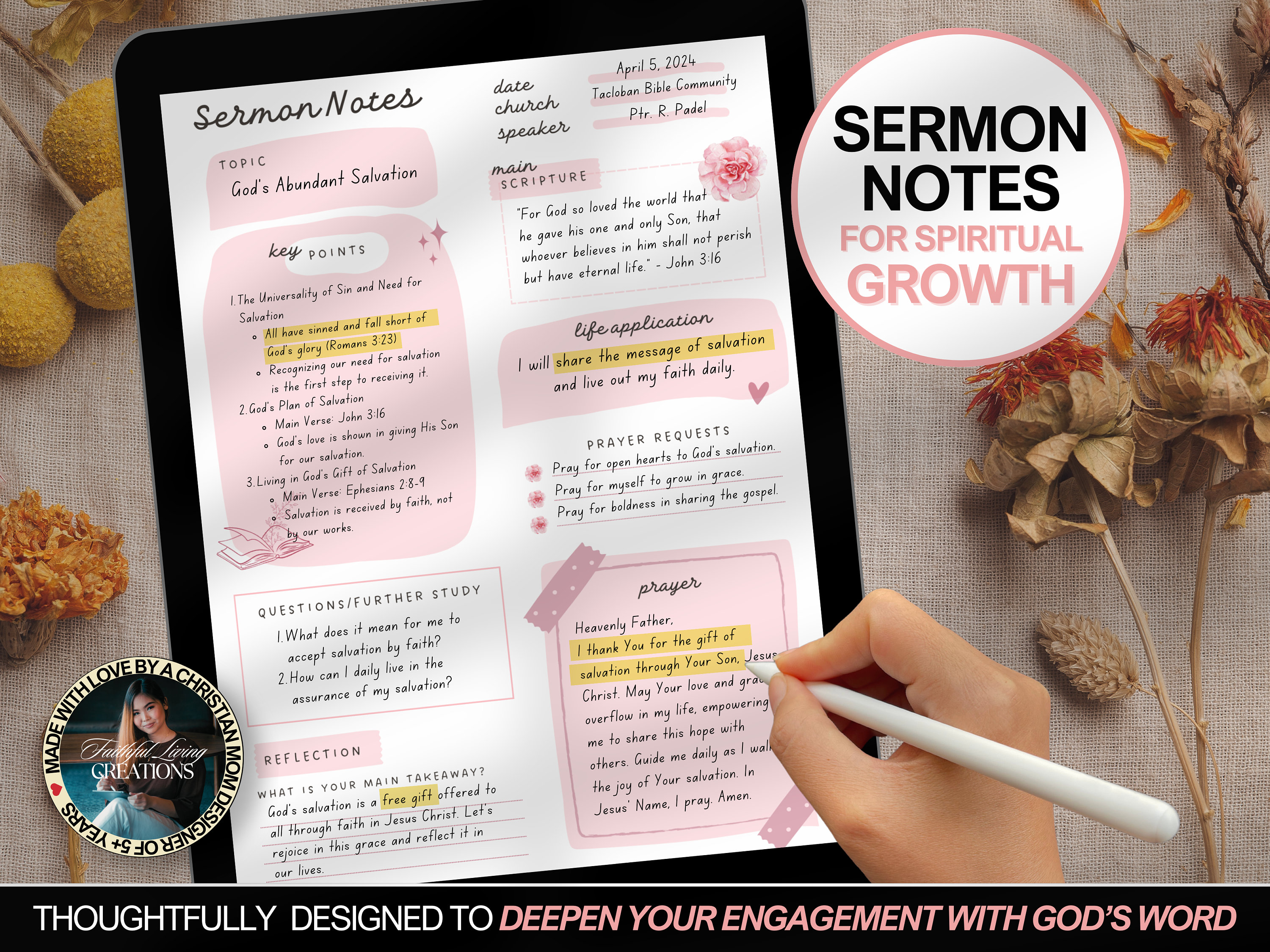 Pink Sermon Notes Printable: Christian Bible Study Template (digital ...