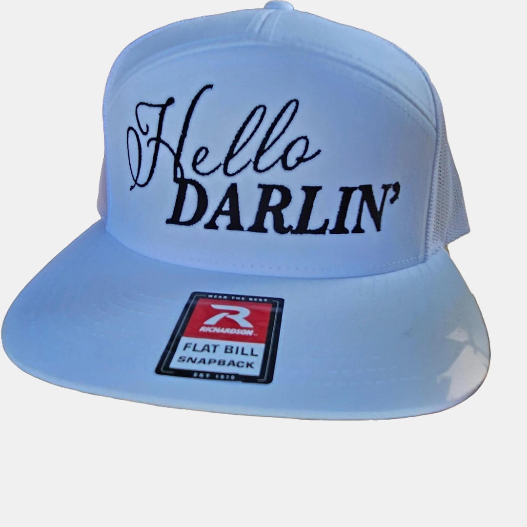 Embroidered Hello Darlin Cursive Font Hat on 112 Roundbill, 168 ...