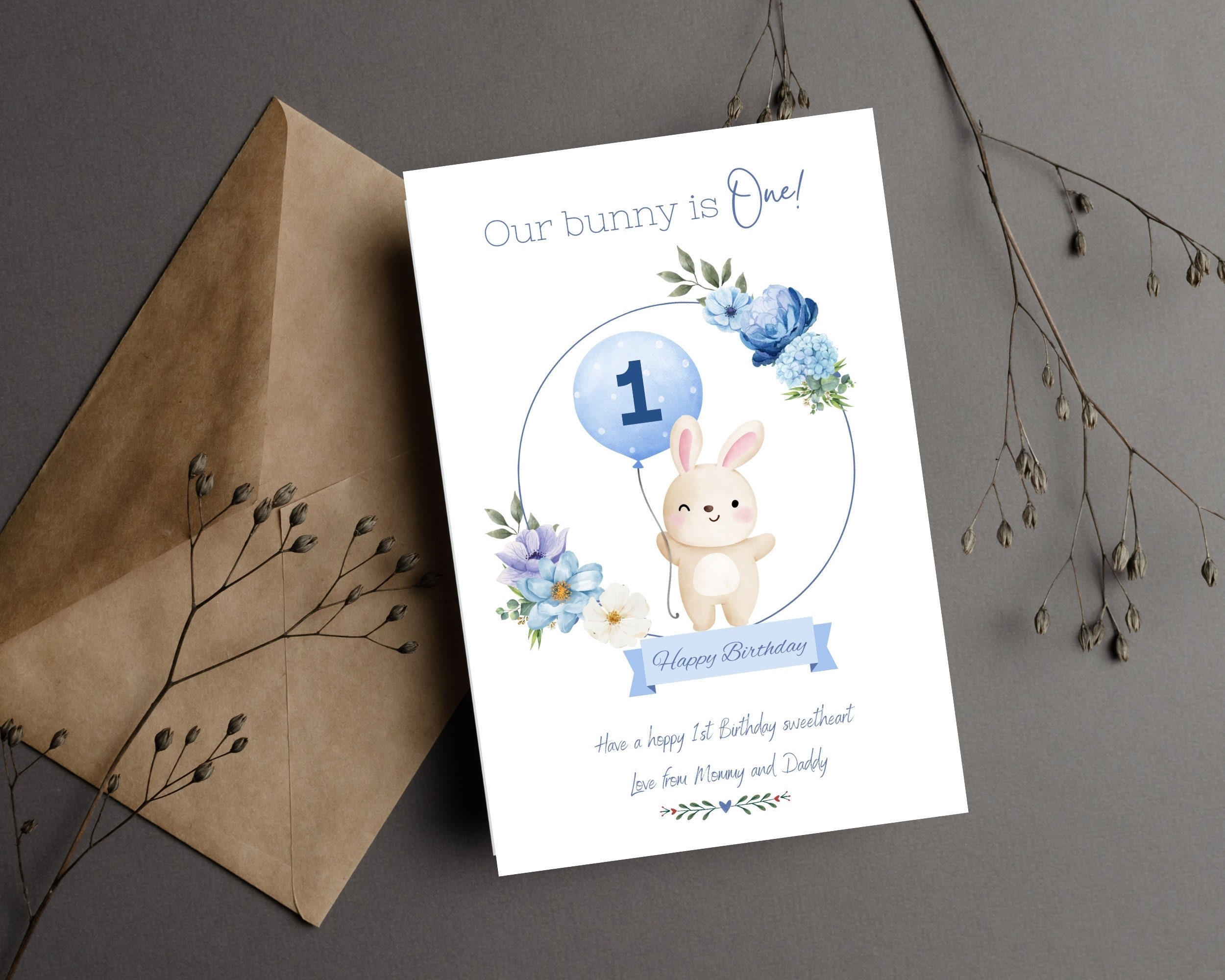 Printable First Birthday Card for Baby Boy, Instant Download, Digital ...