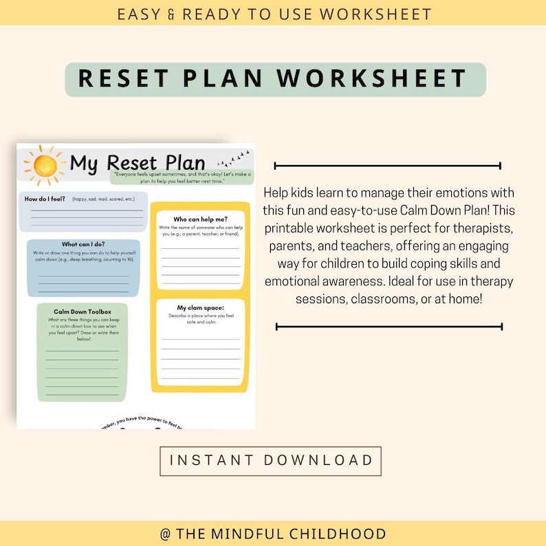 My Reset Plan: Printable Calm Down Worksheet for Kids | Emotional ...