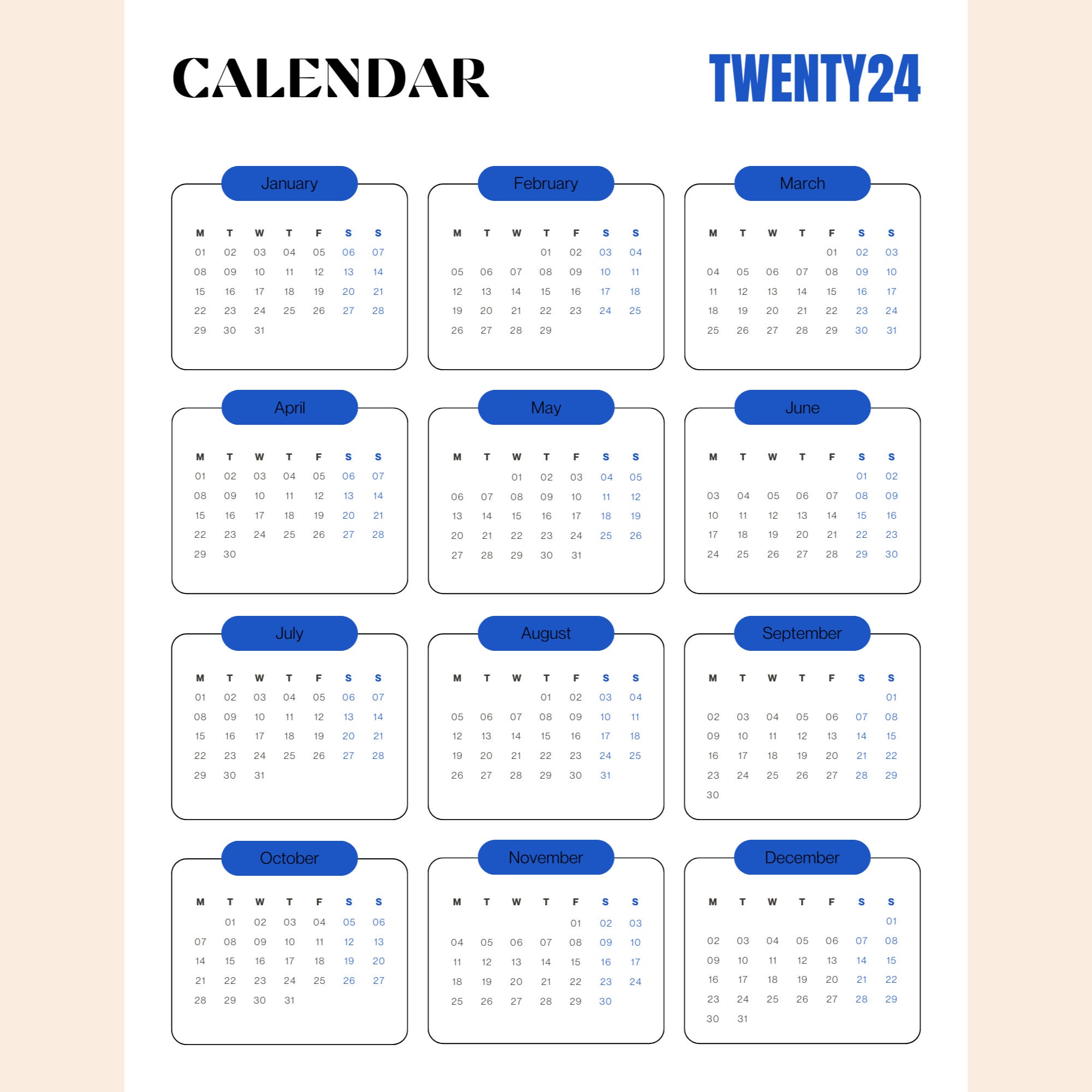 2024 Yearly Calendar Printable 2024 Year Calendar Seven Different Color ...
