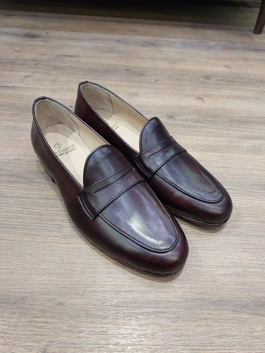 Penny Loafers Mens Belgian Loafers Handmade Shoes Calf Leather Slip Ons ...