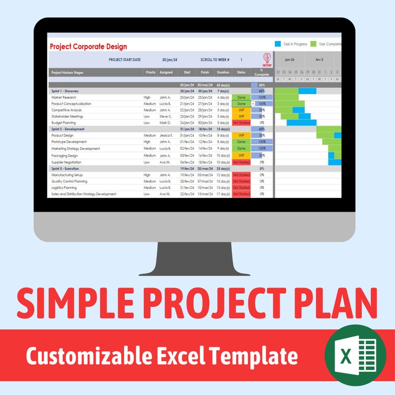 Simple Project Plan - Excel Template - Etsy