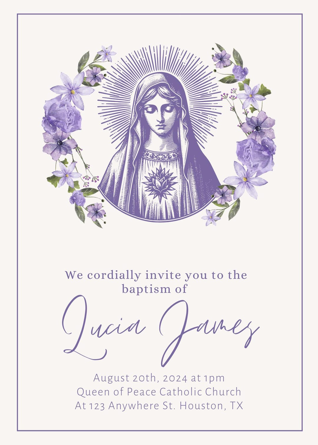 Purple Floral Marian Girls Baptism Invitation Catholic Invitation ...