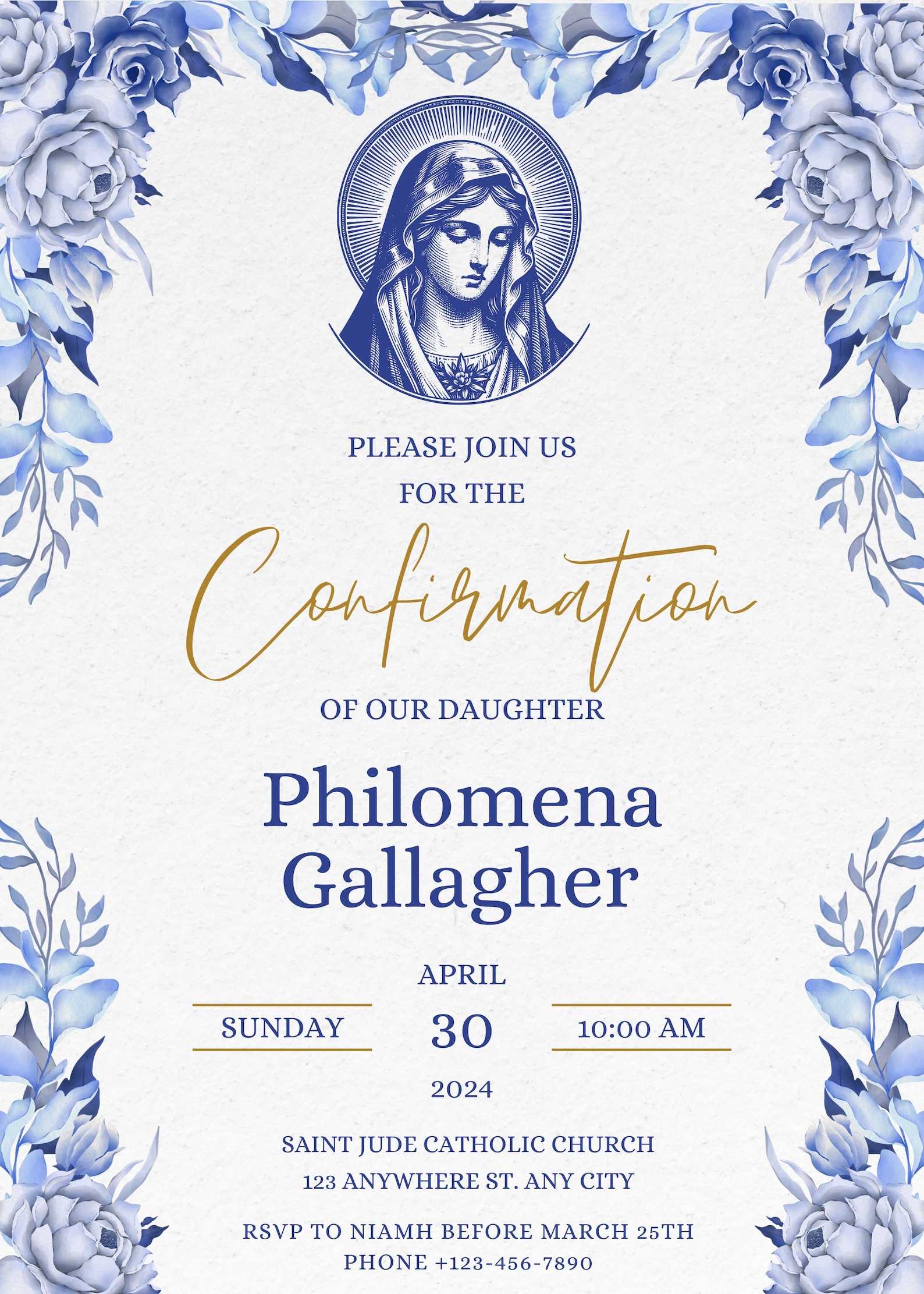 Confirmation Invitation Girls Blue Floral Marian Catholic Christian ...