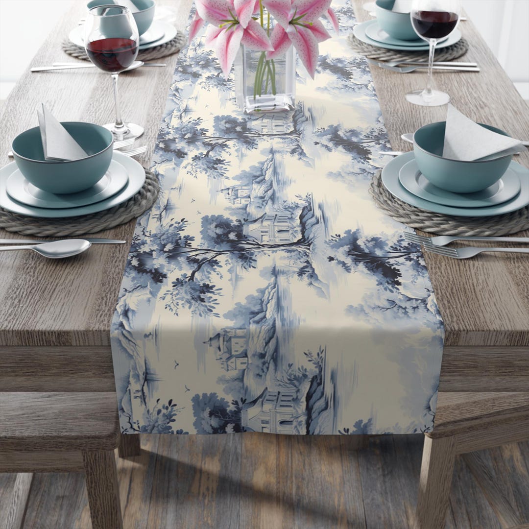 Blue Country Toile Table Runner 16x72 Cotton & Poly Fabric Elegant ...