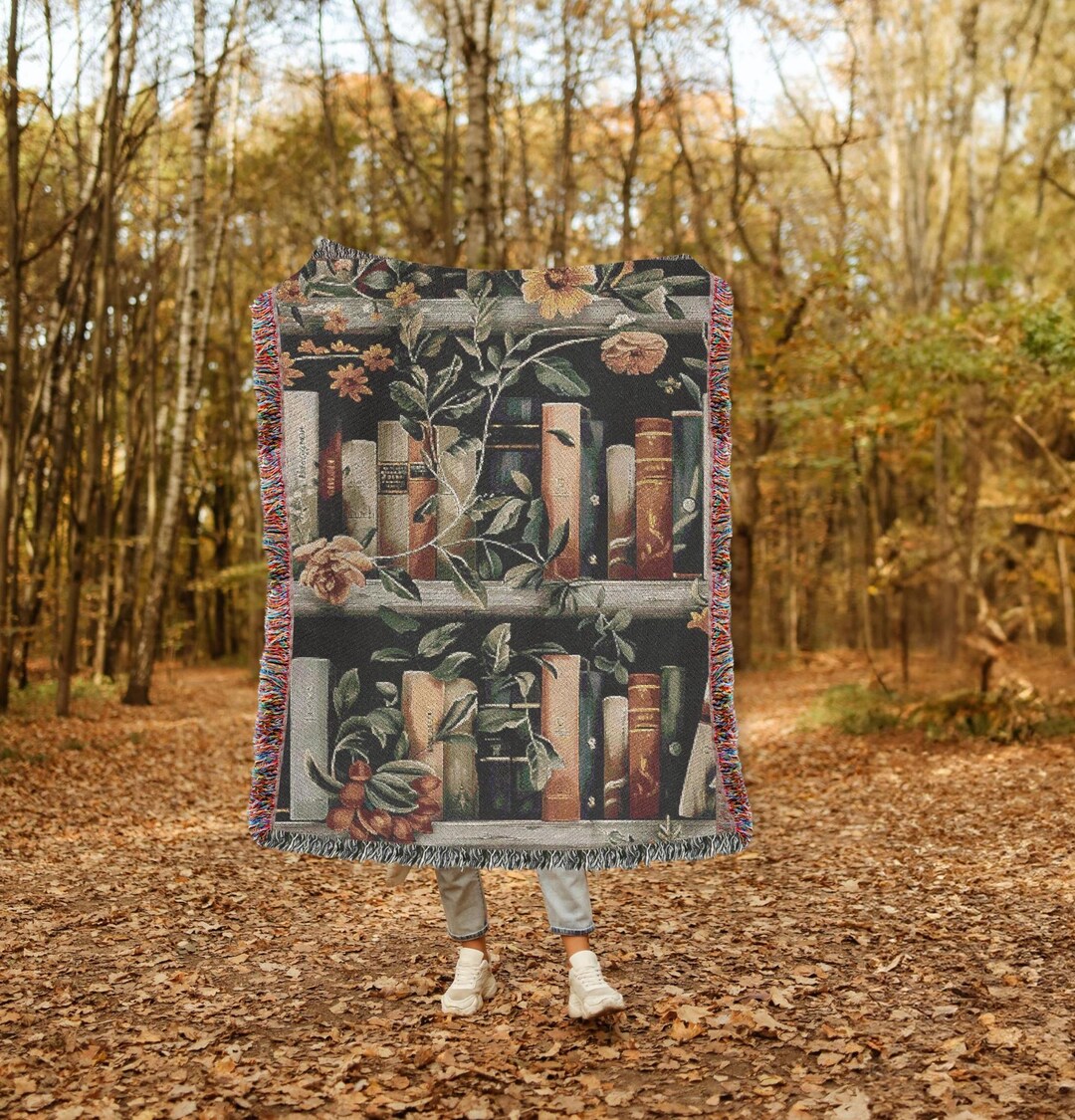 Vintage Floral Bookcase Woven Throw Blanket Bookish Woven Blanket Gift ...