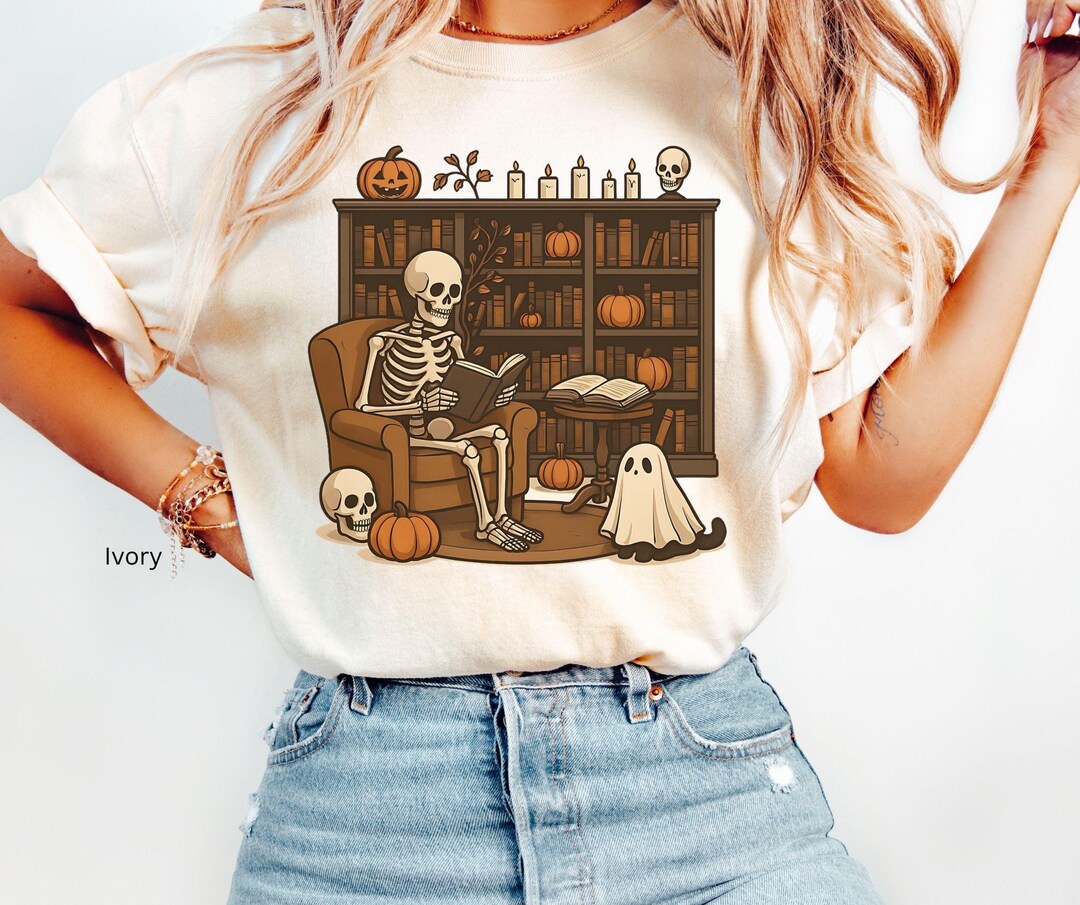 Retro Skeleton Reading Book Tshirt Librarian Skeleton Halloween Shirt ...