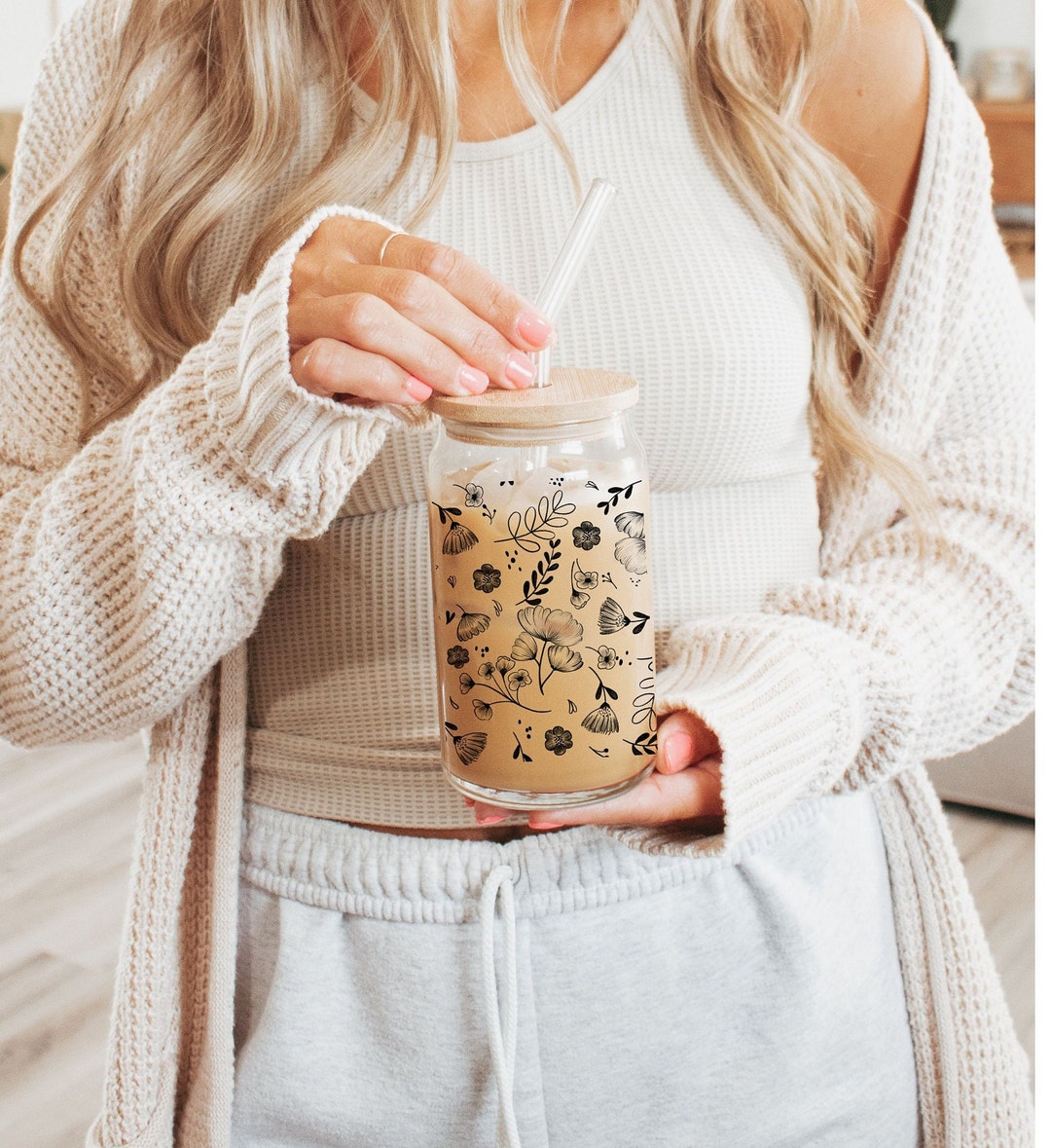 Toile Elegant Dainty Black Flowers Glass Iced Coffee Cup 16oz Pretty ...