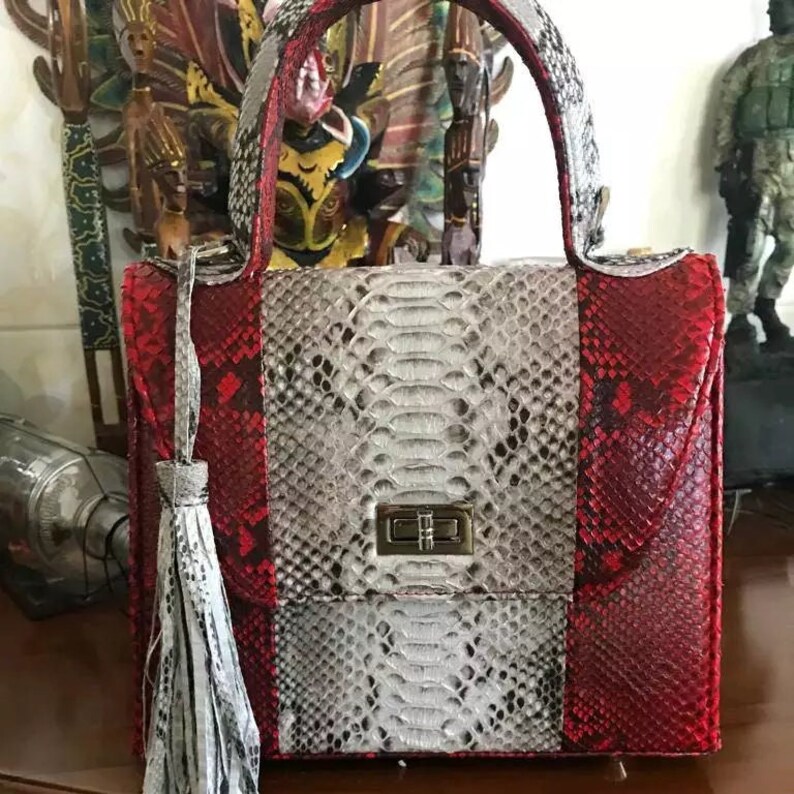 Red Handbag Python Leather Bag Women Genuine Snakeskin Top-handle Bag Size M Medium Stylish Bag ...