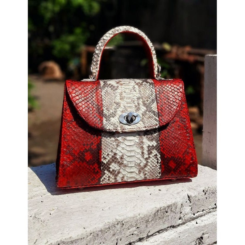 Red Handbag Python Leather Bag Women Genuine Snakeskin Top-handle Bag ...