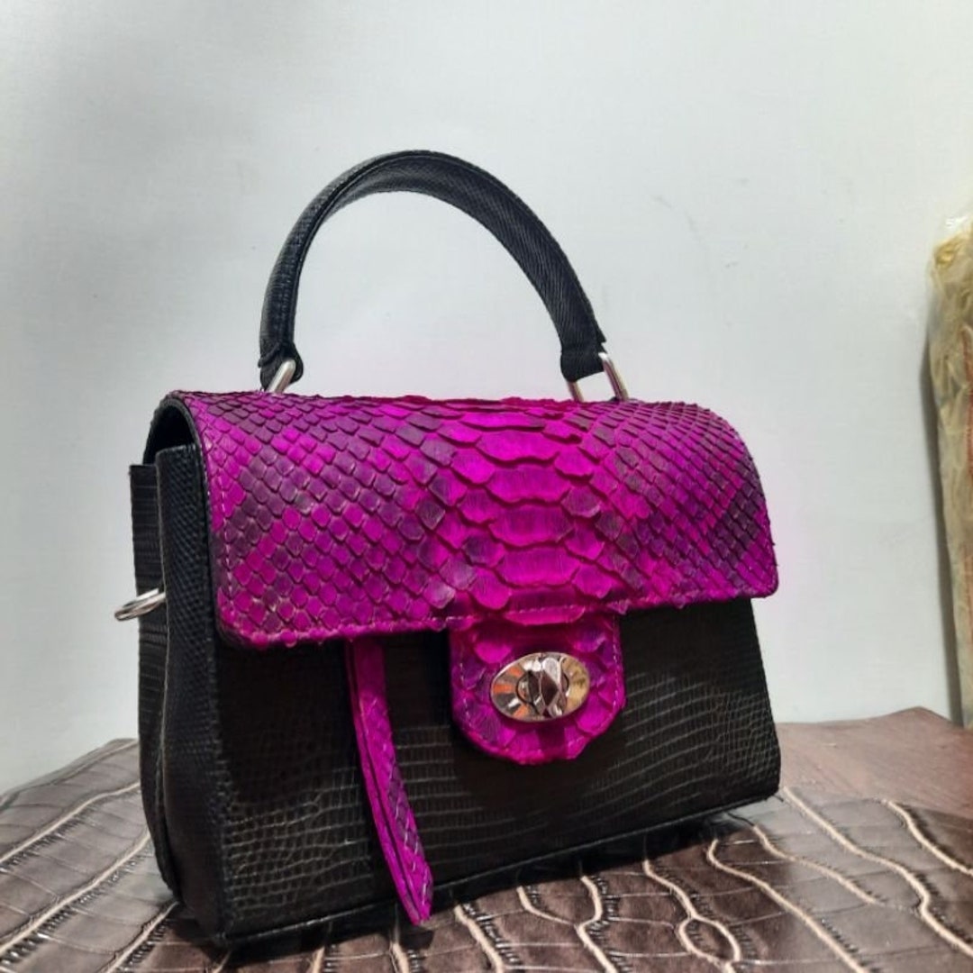 Python Mix Lizard Leather Handbag Handmade Women's Wrist Bag Top-handle ...