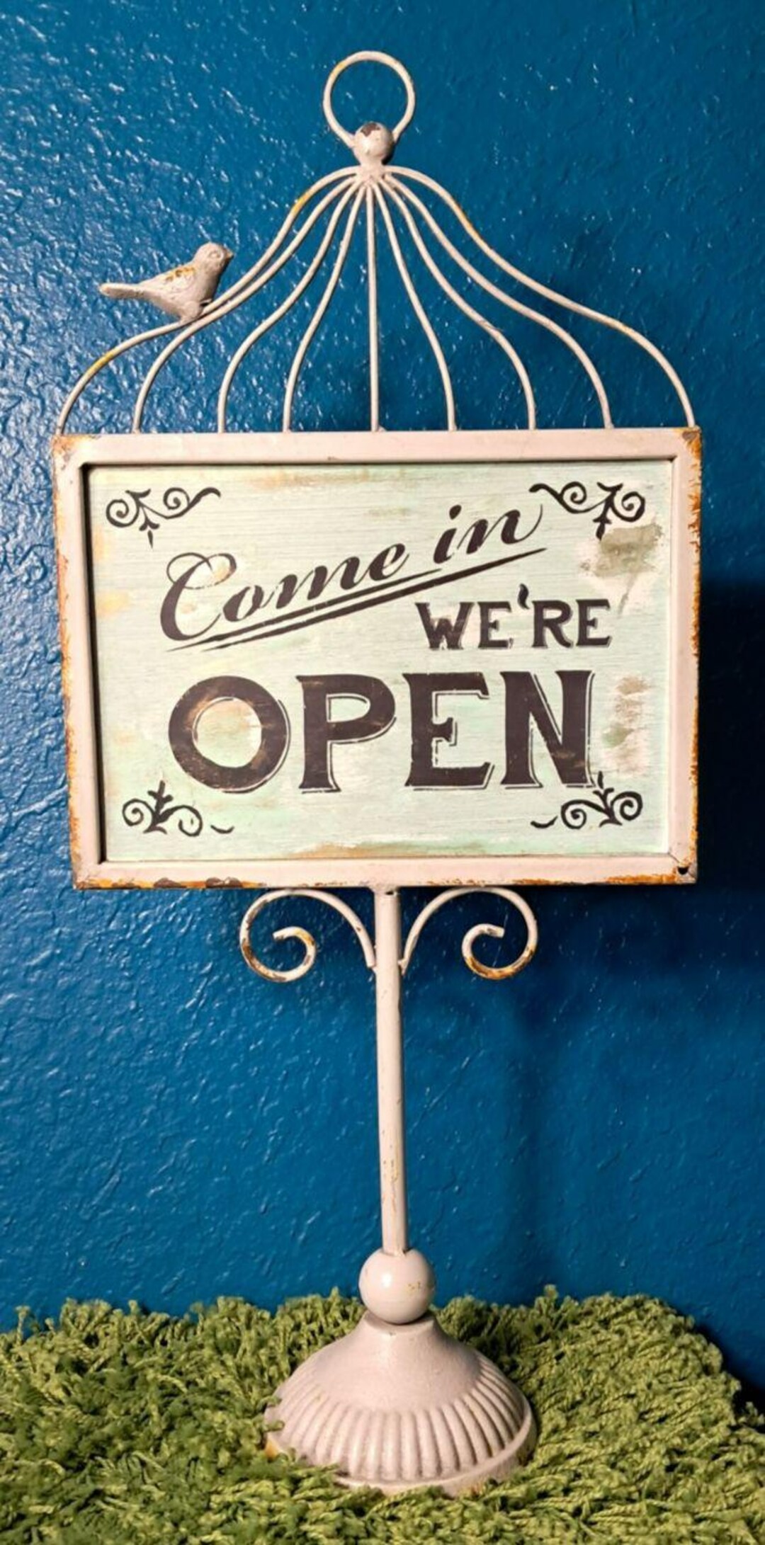 Open Closed Vintage Tabletop Heavy Metal Sign W Bird Cage Topped Retail ...