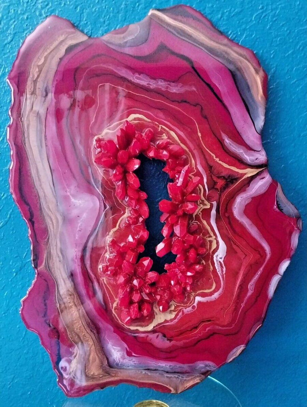 Epoxy Resin Geode Art Red and Gold With Red Crystals 17 W 13 H - Etsy