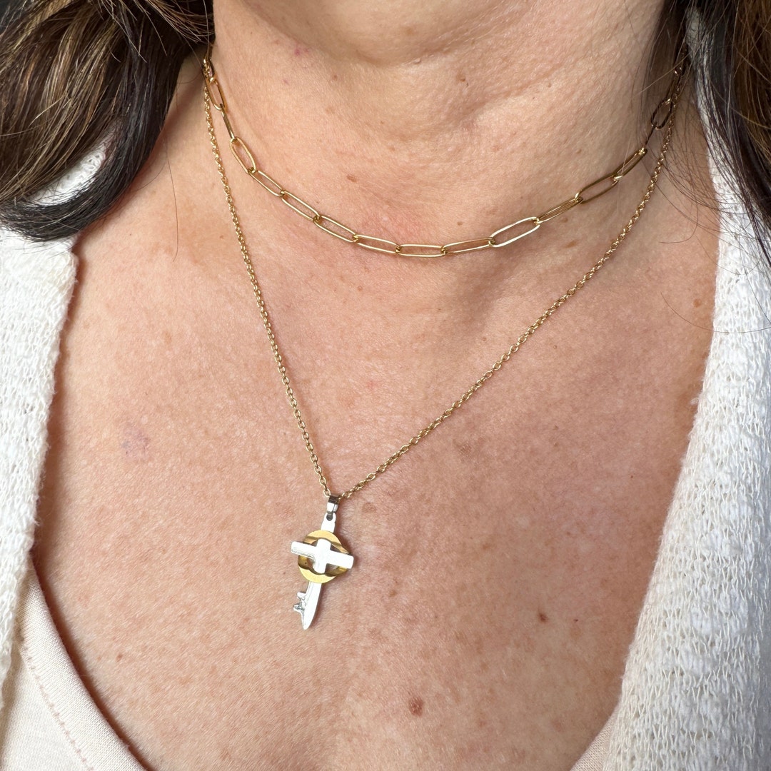 Paperclip Gold Chain Necklace Set Cross Jewelry 18K Gold Necklace Set ...