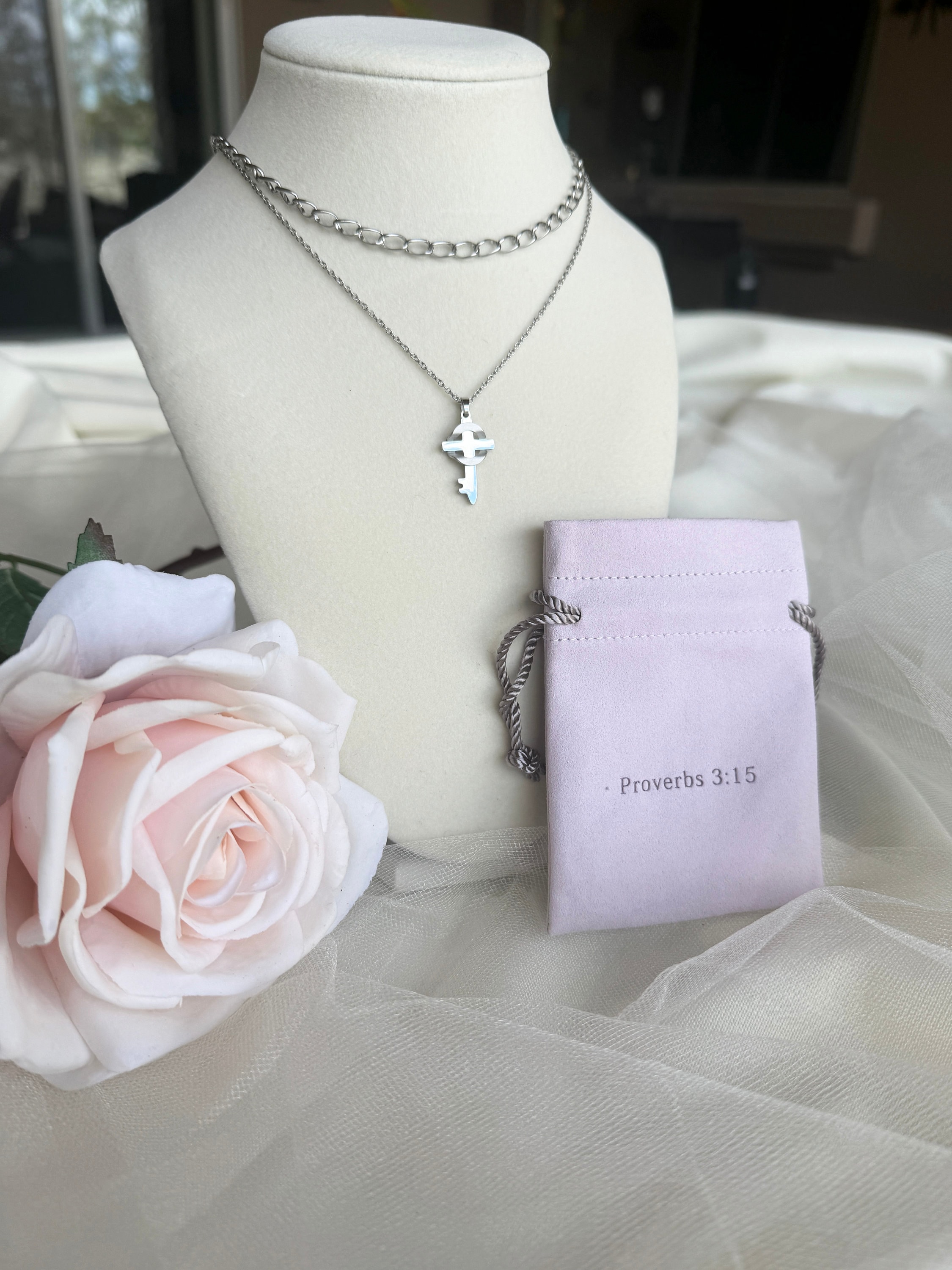 Silver Grace Cross Necklace and Chain Set Gift for Mom Christian Silver ...