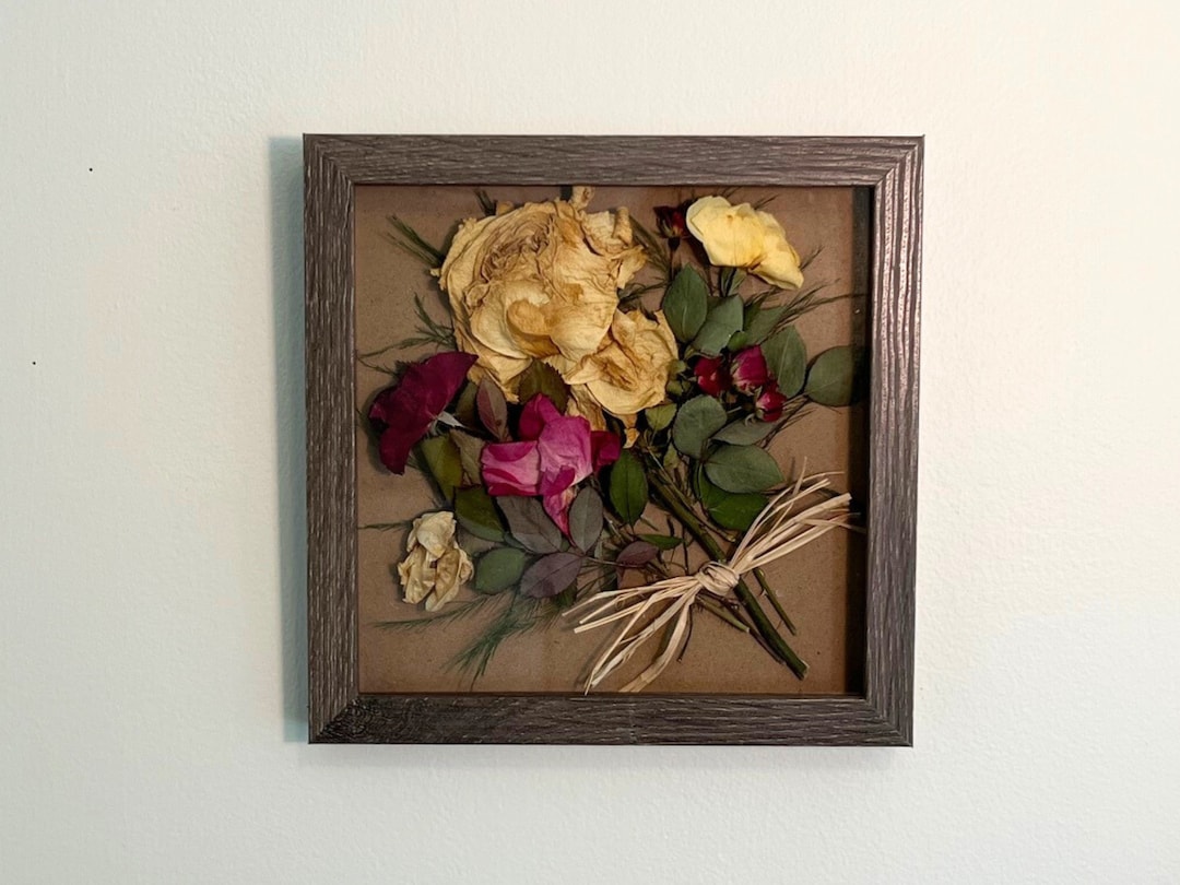 Handmade Dried Flower Hanging 9x9 Shadow Box, Yellow and Pink Rose Art ...