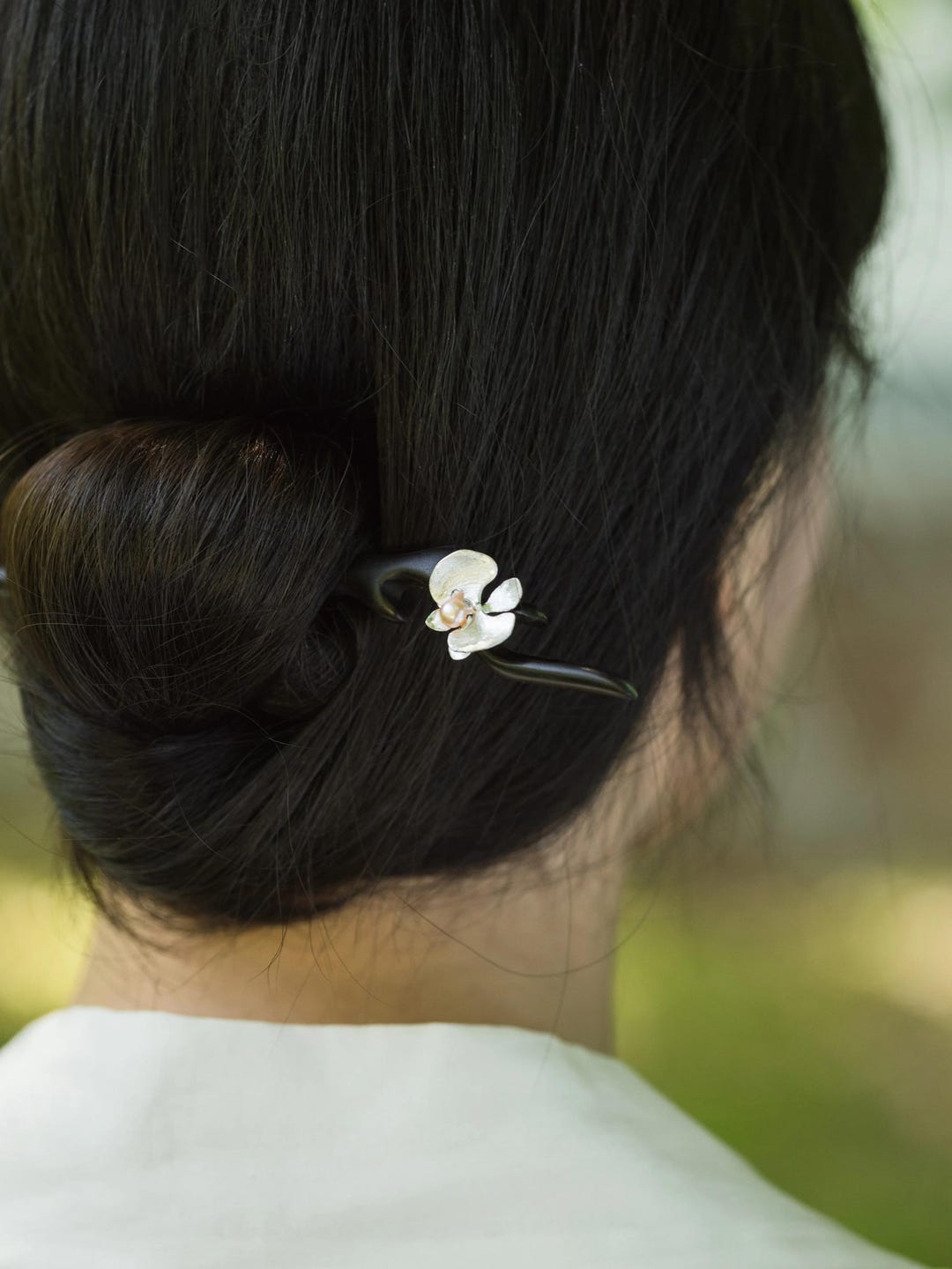 Orchid Hair Pin: Handmade Sterling Silver, Sandalwood & Pearl - Etsy