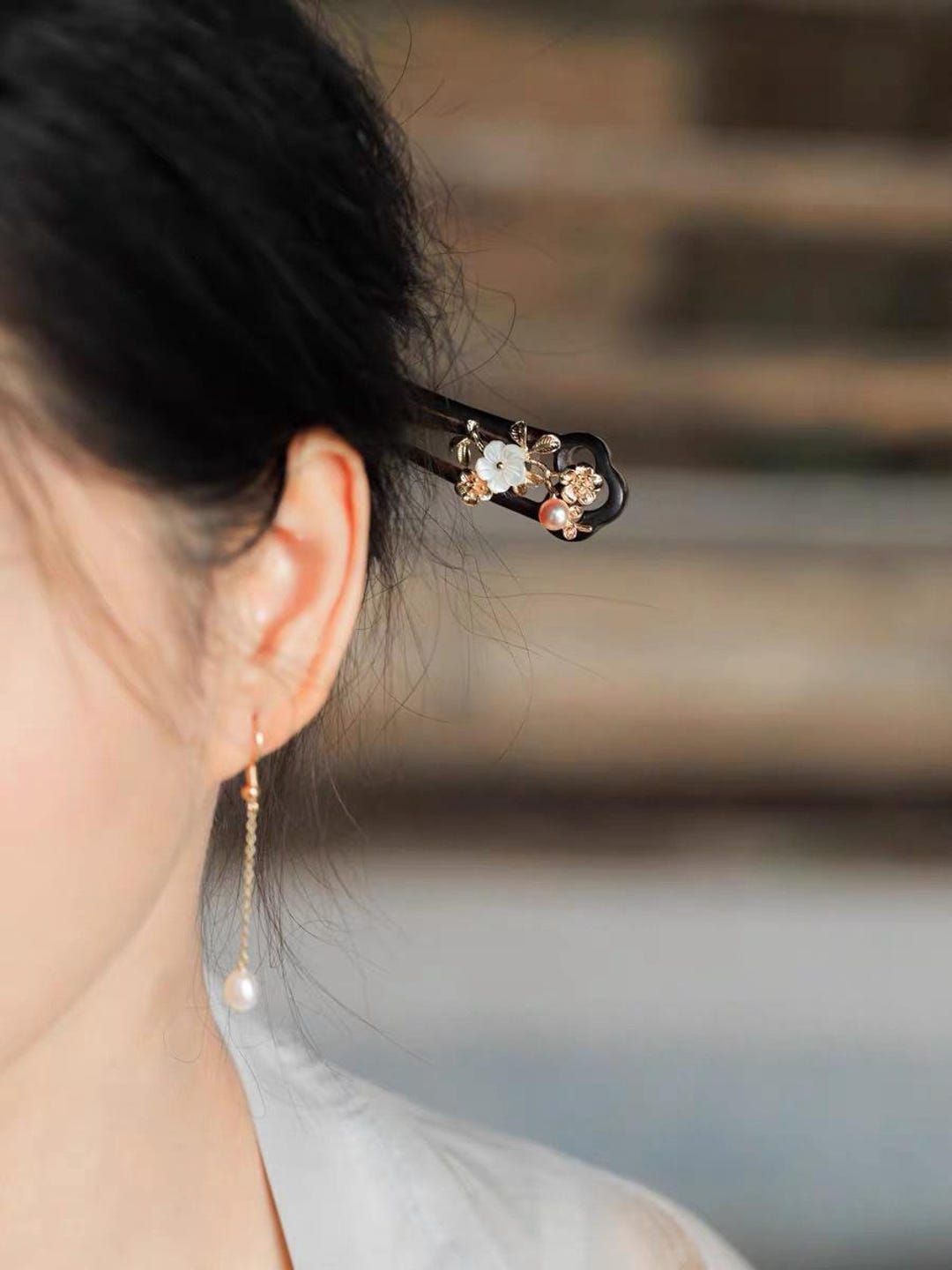 Black Ebony Hairpin-original Suzhou Garden Freshwater Pearl 18K Gold ...