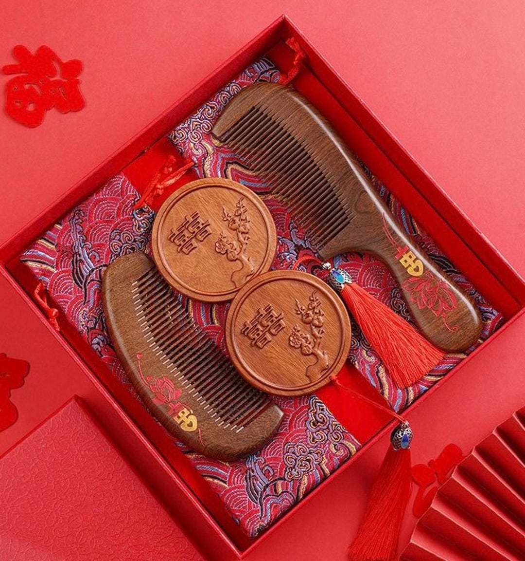 Hand-painted Ebony Wood Comb & Mirror Set, Double Happiness Wedding ...