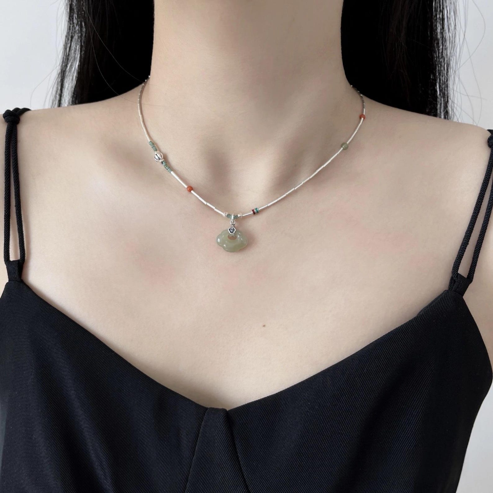 Sterling Silver Jade Necklace: Chinese Style Collarbone Chain - Etsy