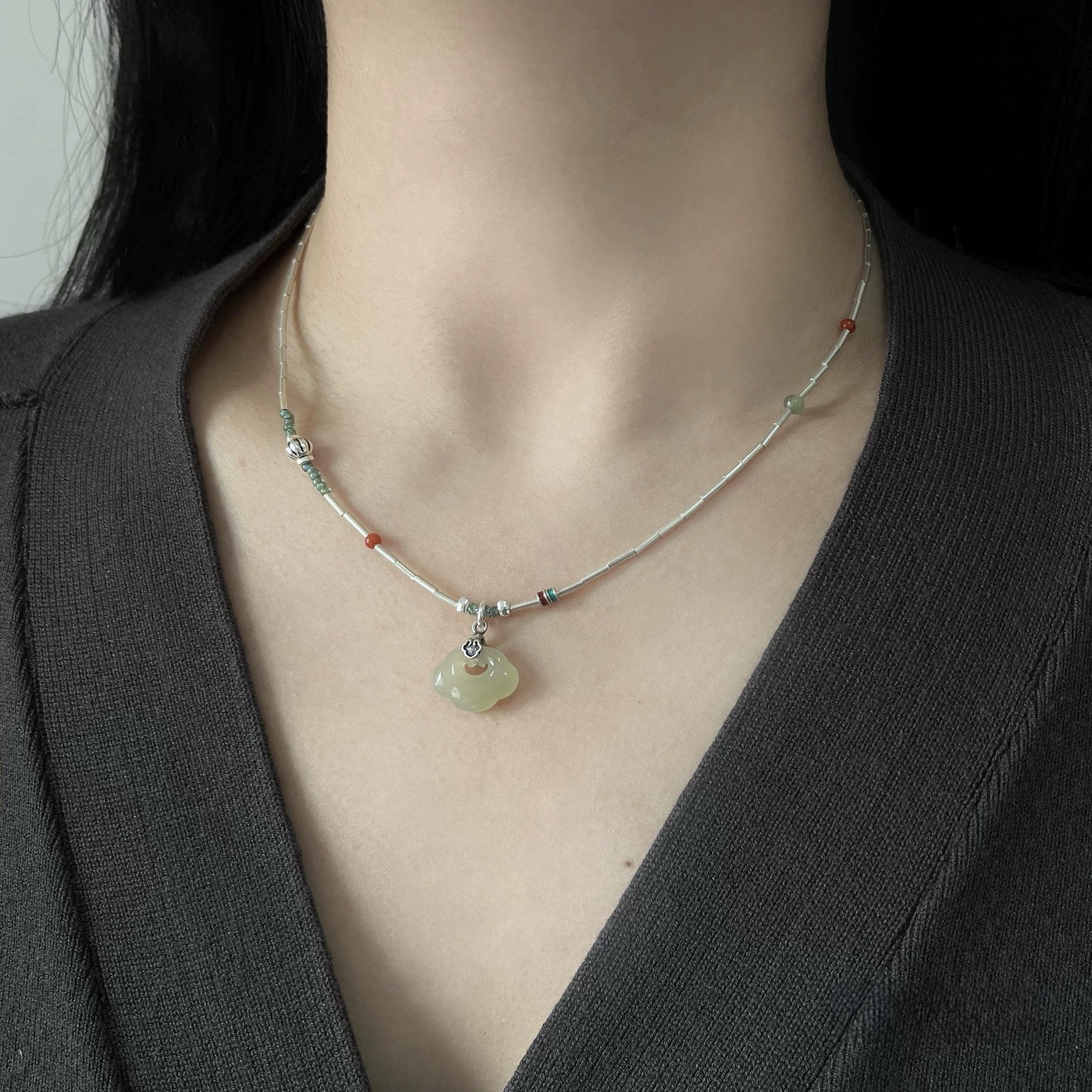 Sterling Silver Jade Necklace: Chinese Style Collarbone Chain - Etsy