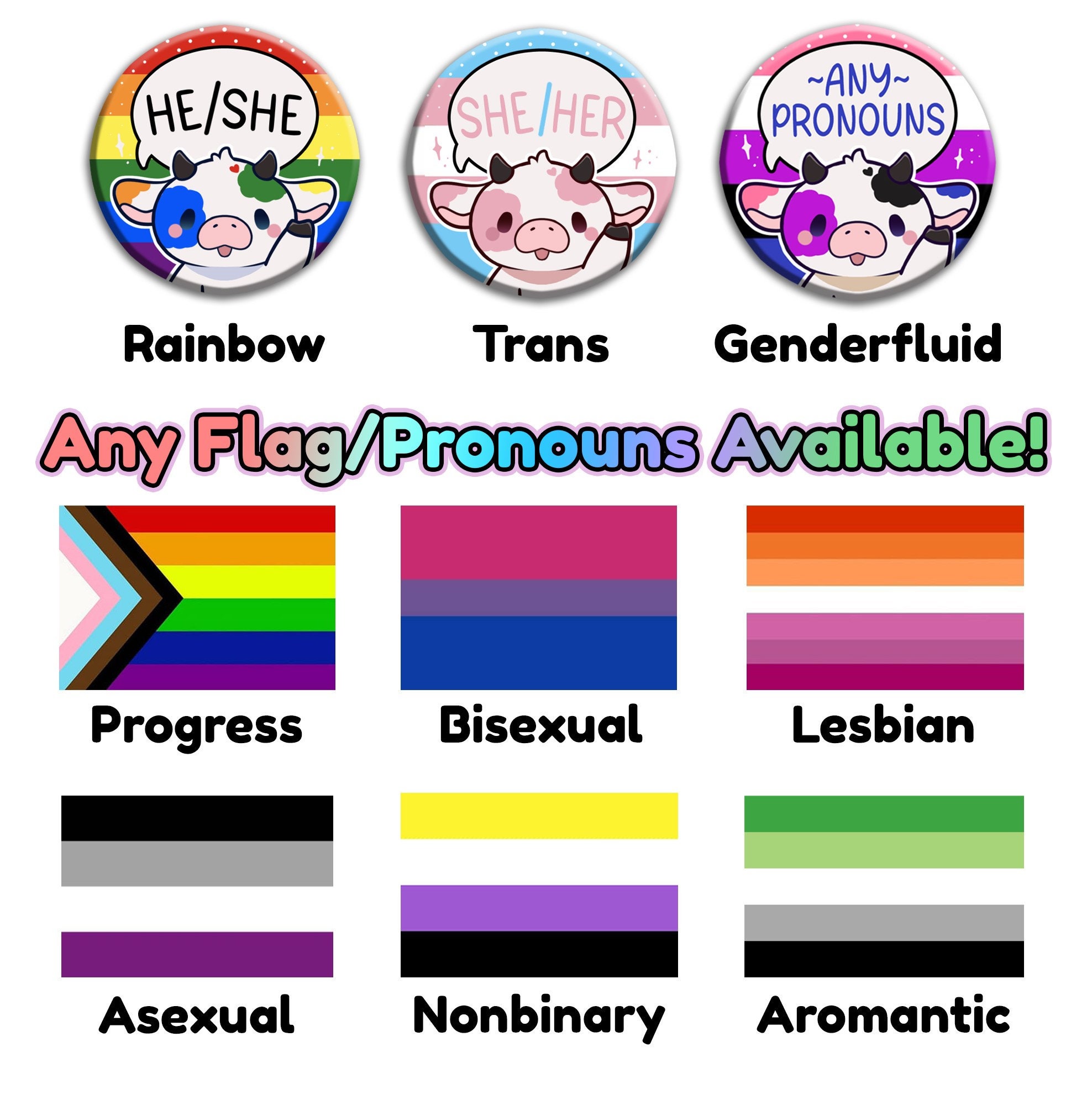 Custom Pride Pronouns Flags LGBTQ Cute Cow Button 2.25 Buttons & Badges - Etsy