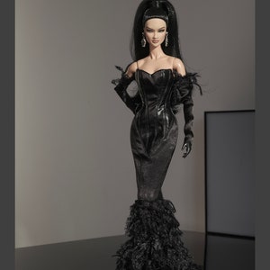 Pre-order Leather Mermaid Bustier Dress With Feather Hem with Gloves ...