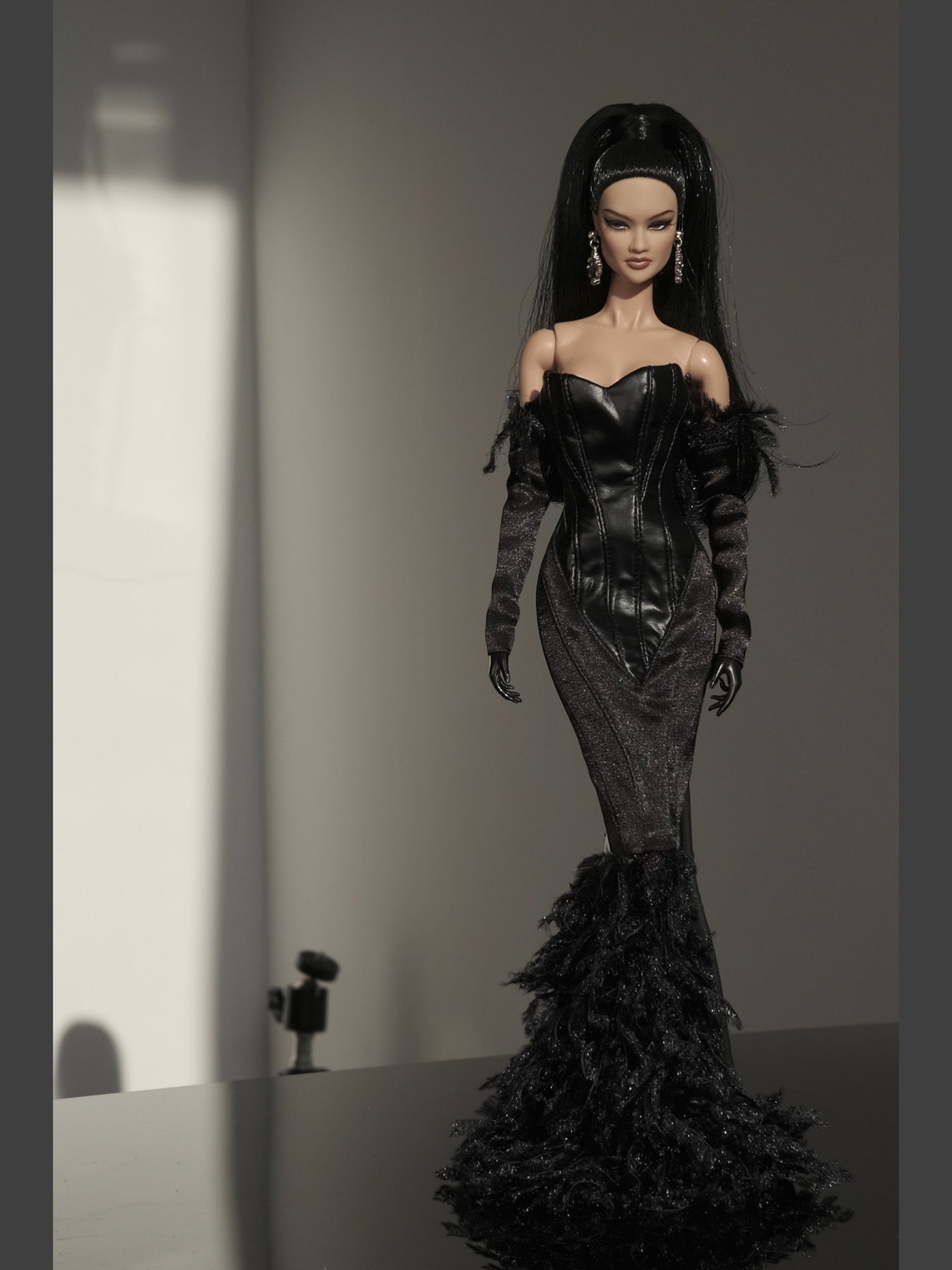 Pre-order Leather Mermaid Bustier Dress With Feather Hem with Gloves ...