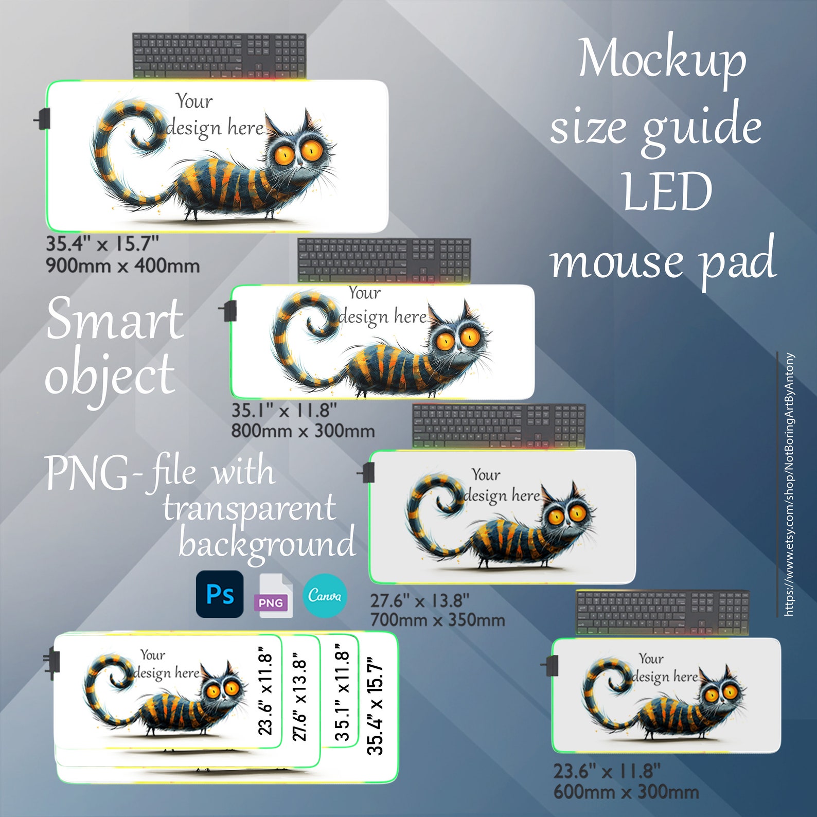 Desk Mat Size Chart Mockup, Gaming Mousepad Size Guide Mockup, Blank ...