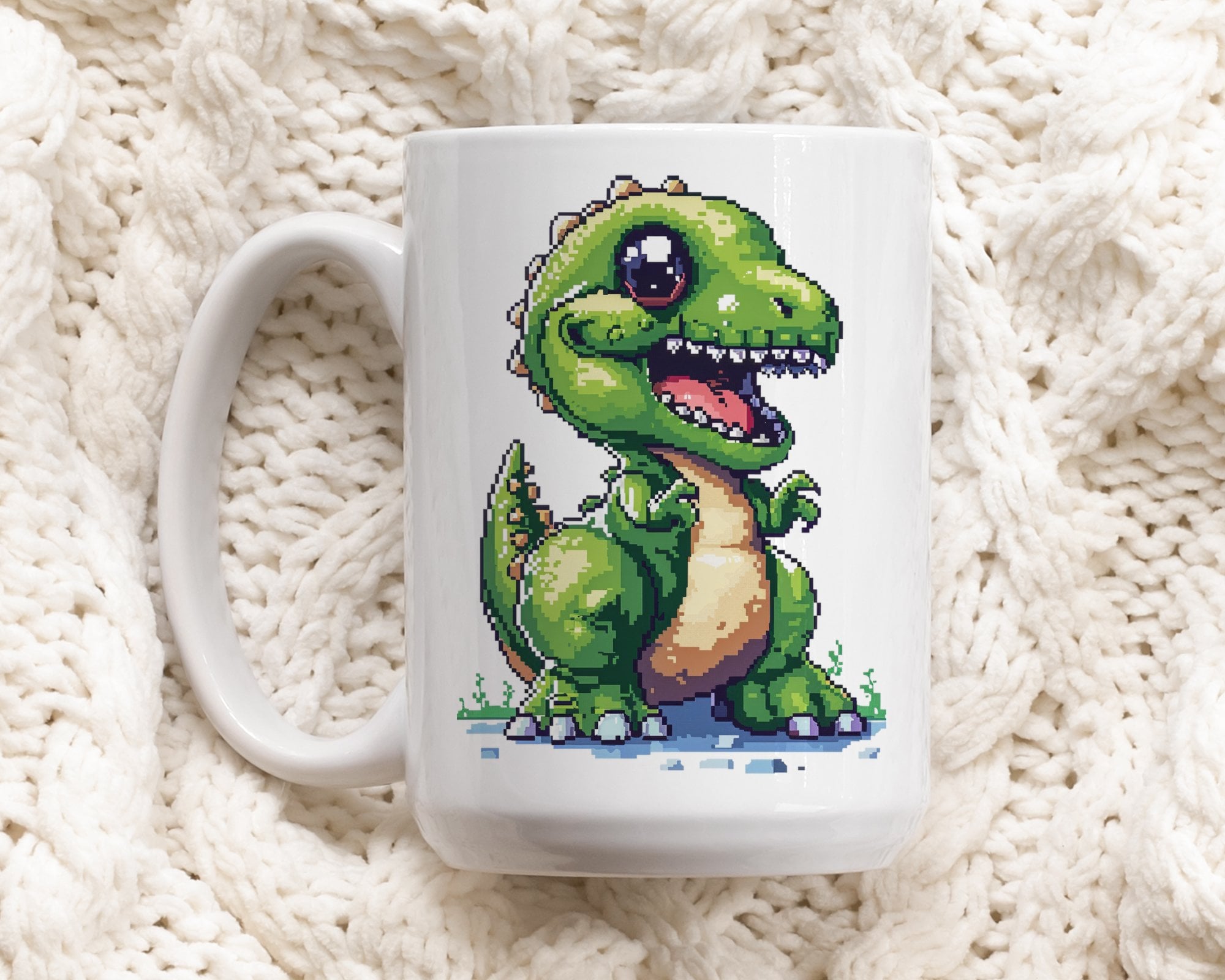 Pixelated T Rex Dinosaur Mug Cute Cartoon Green Dino Retro Pixel Art Coffee Cup Novelty Geek