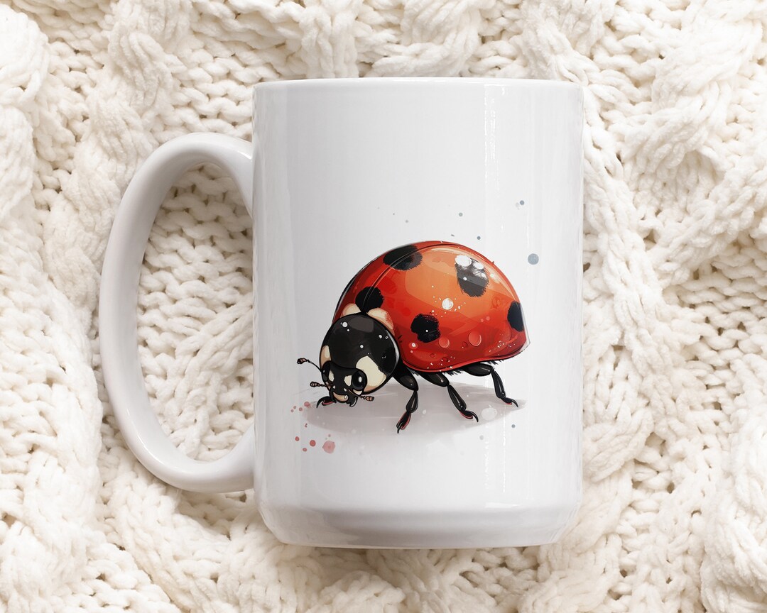 Kawaii Ladybug Mug, Cute Insect Graphic Cup, Happy Playful Womens Cup ...