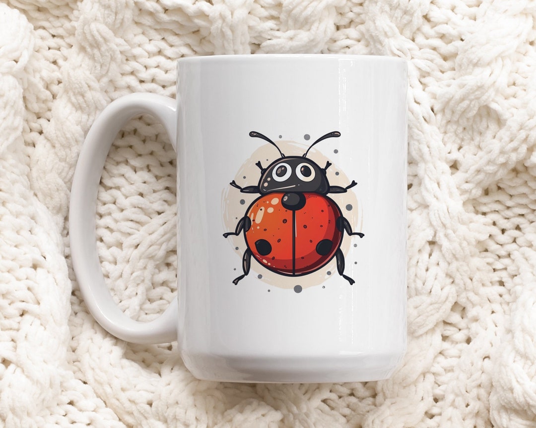 Cute Ladybug Illustration Coffee Mug, Adorable Insect Art, Red and ...