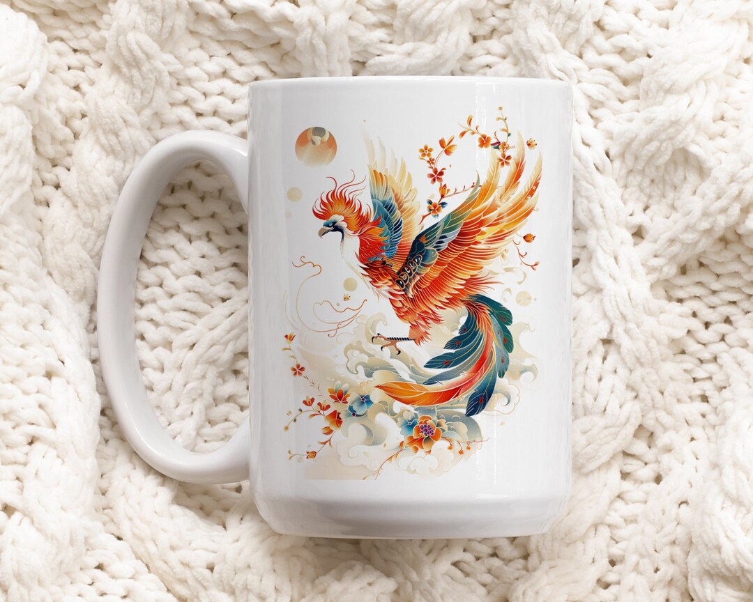 Colorful Phoenix Illustration Mug, Mythical Bird Art Coffee Cup ...