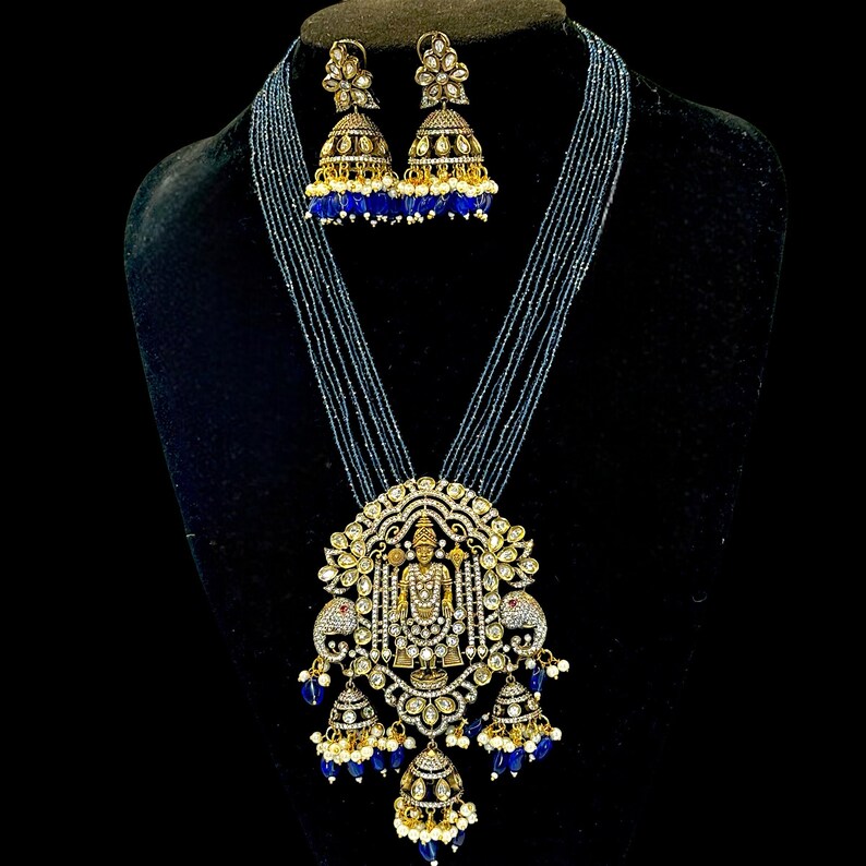 Tirupati Balaji Dark Blue Victorian Long Gold Plated Necklace - Etsy