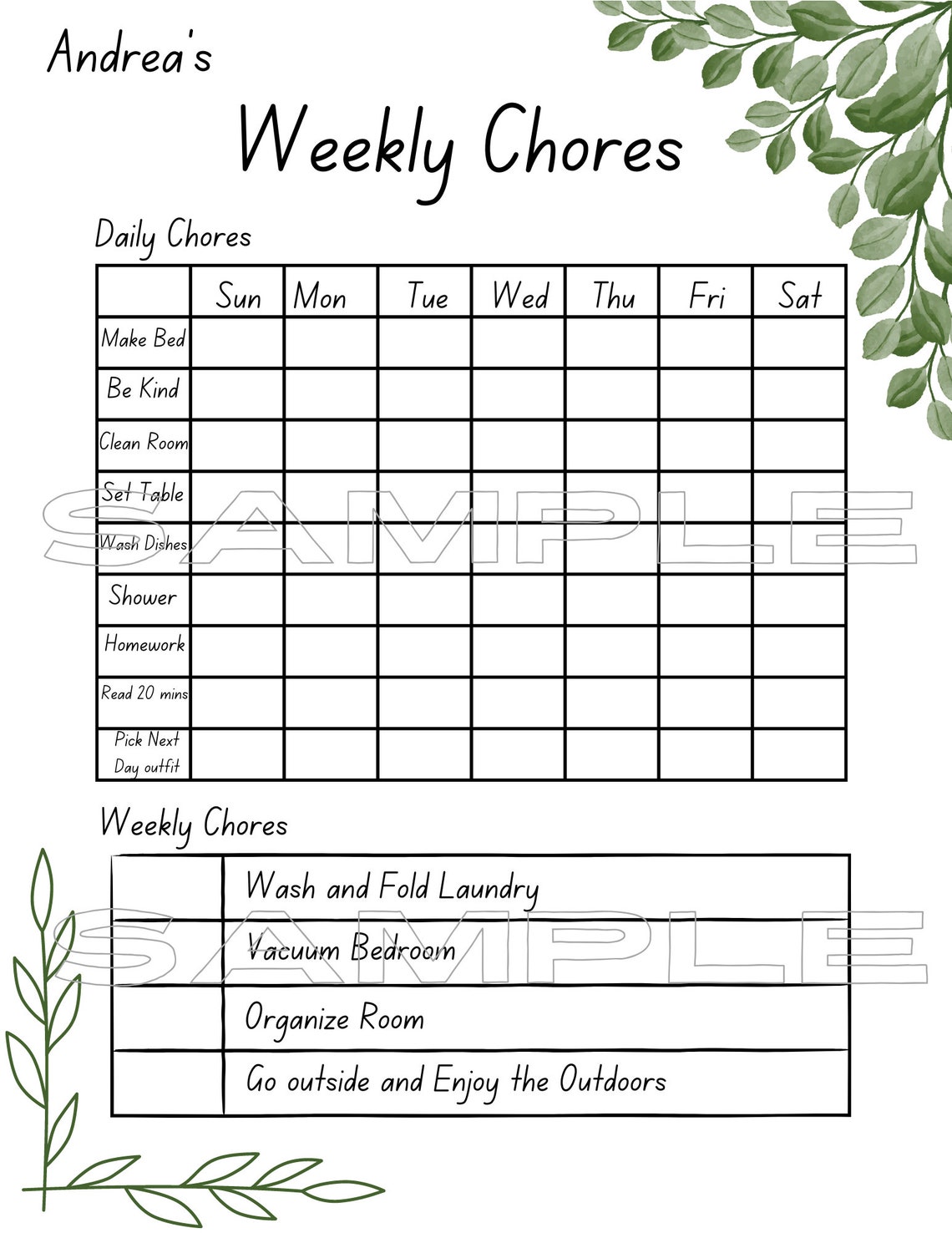 Chore Chart for Teen Girls, Printable & Customizable - Green Leaves - Etsy