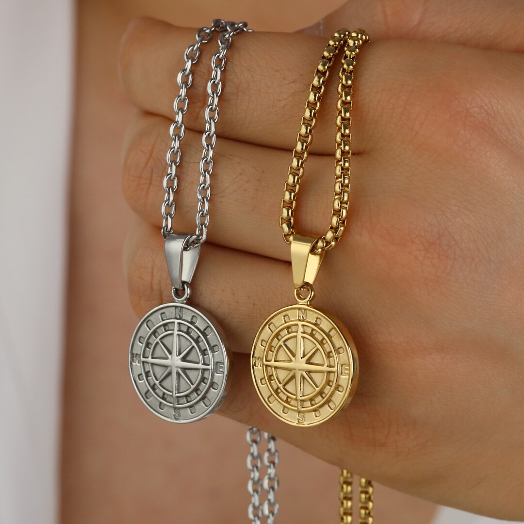 Gold Compass Pendant, Personalized Men Silver Compass Jewelry, North ...